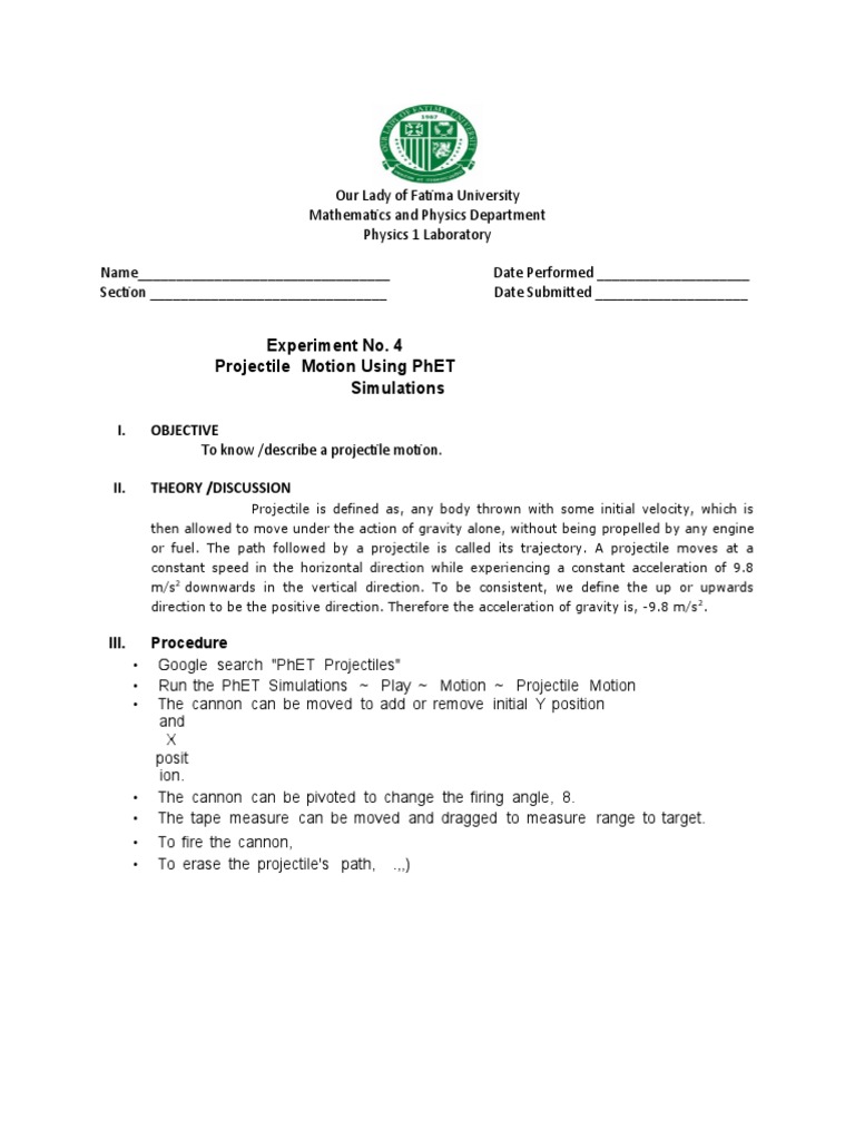 PhET Projectile Motion Lab Guide | PDF | Projectiles | Trajectory