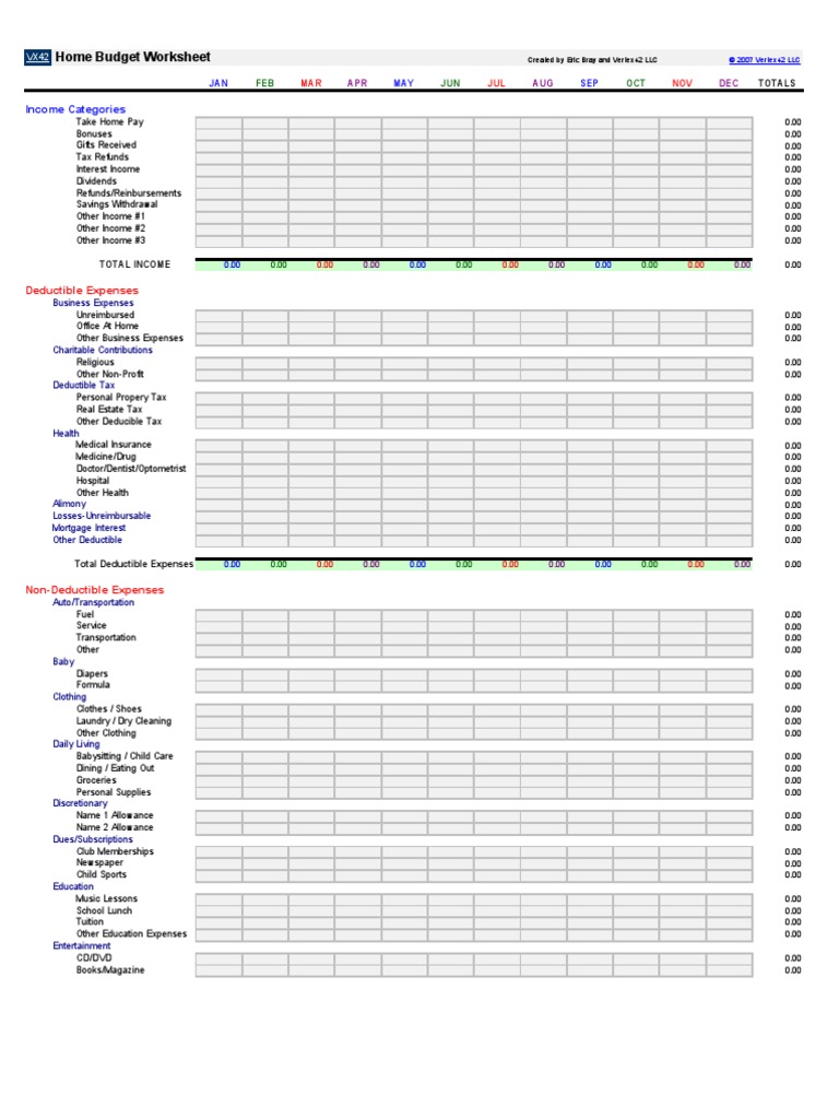 Monthly Home Budget Worksheet Tracking Income and Expenses Over 12 ...