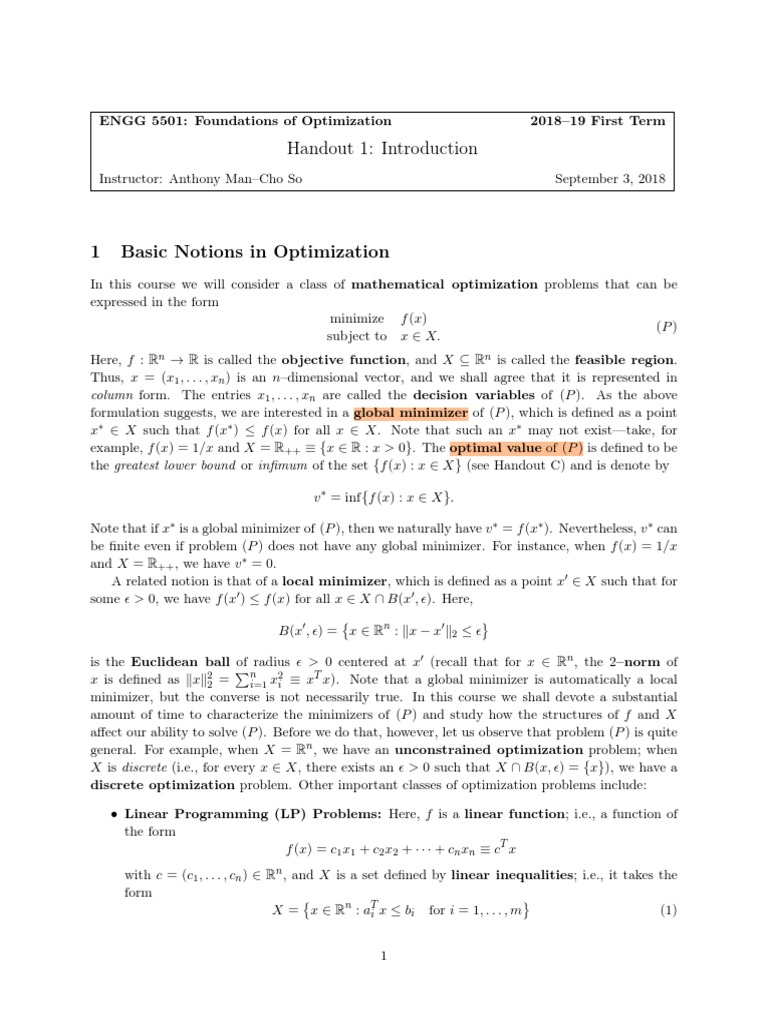 Handout 1 Introduction | PDF | Mathematical Optimization | Matrix (Mathematics)