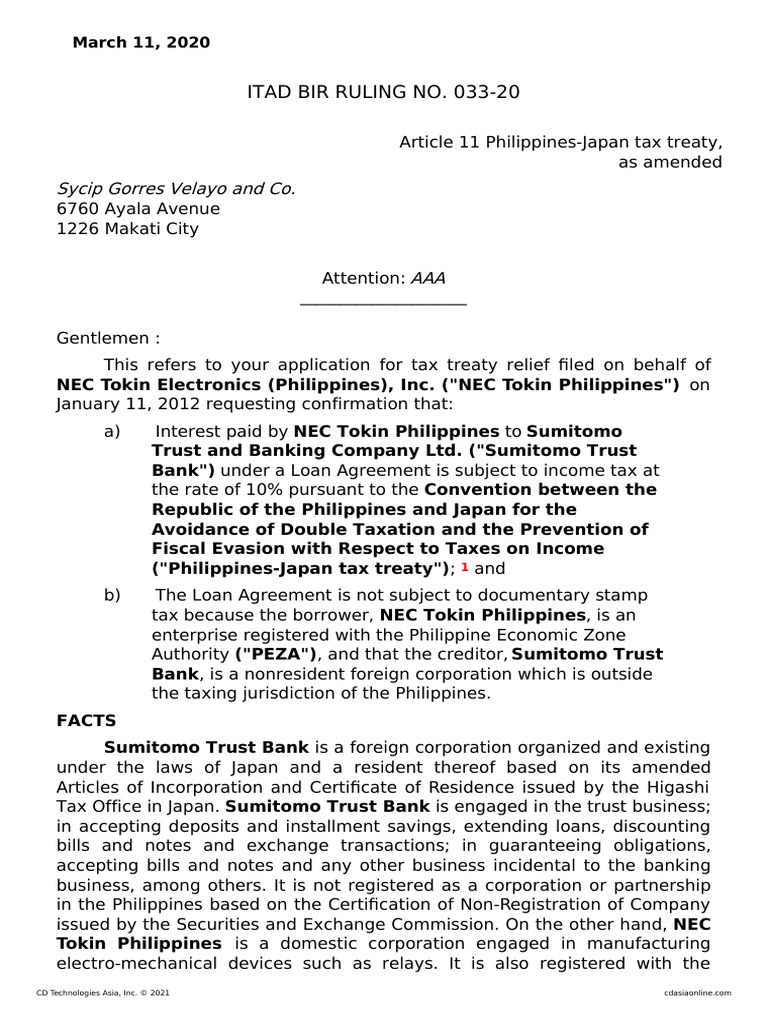 Bir Ruling 2021 - DST On Loan Exemption by Peza | PDF | Taxes | Income Tax