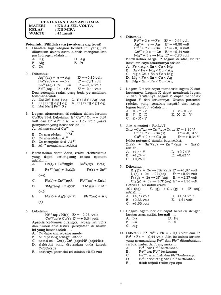 Soal Penilaian Sel Volta Kimia | PDF