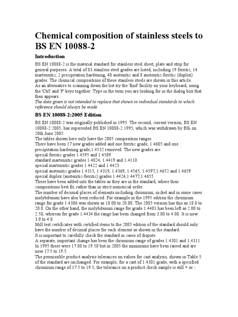Chemical Composition of Stainless Steels To BS EN 10088-2 | PDF ...