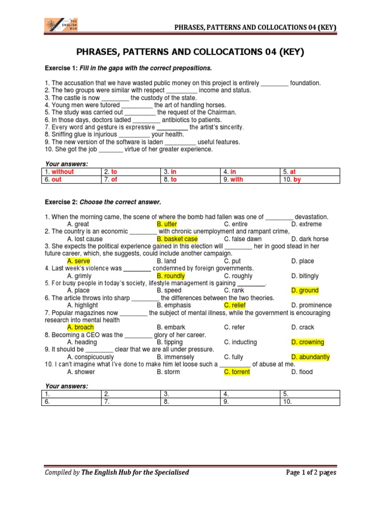 Phrases, Patterns and Collocations 04 (Key) : Exercise 1: Fill in The ...