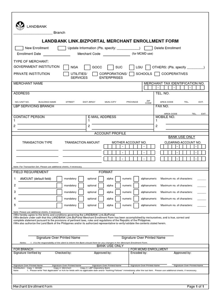 LinkBiz Portal Merchant Enrollment Form | PDF | Signature | Computing
