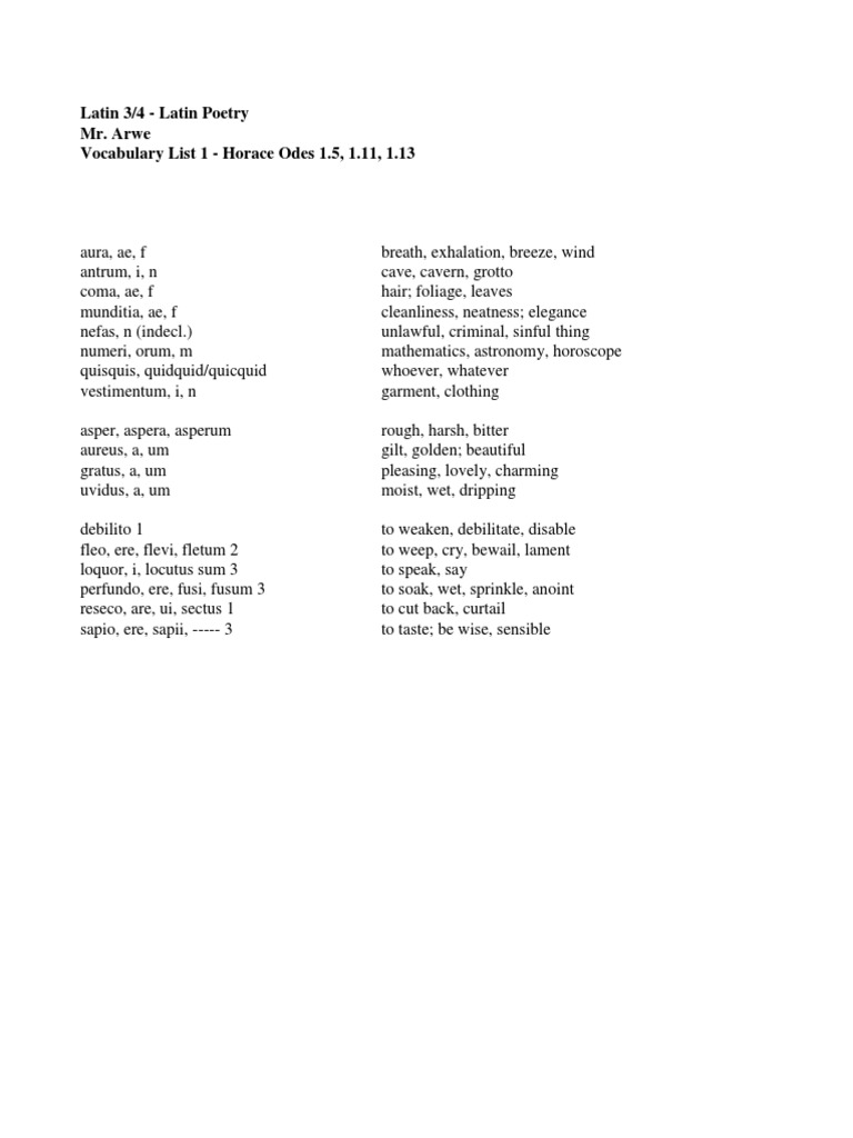 Latin 3/4 - Latin Poetry Mr. Arwe Vocabulary List 1 - Horace Odes 1.5 ...