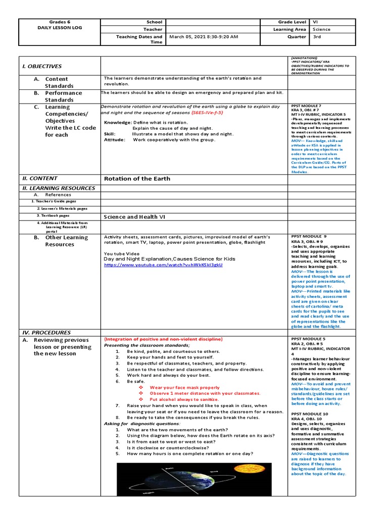 Cot DLP Q4 Science 6 Earths Rotation | PDF | Educational Assessment | Curriculum