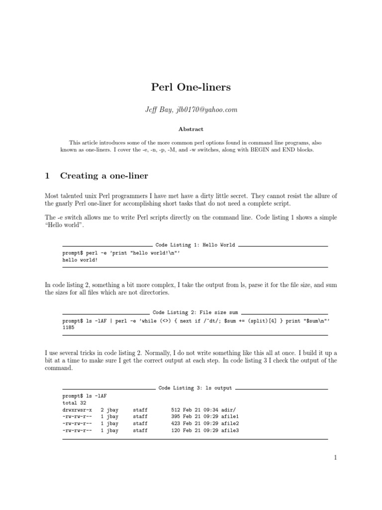 Perl One-Liners: 1 Creating A One-Liner | PDF