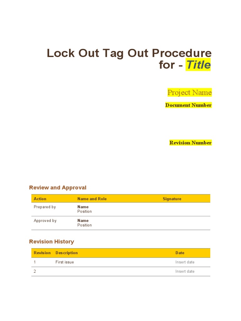 Lock Out Tag Out Procedure For - : Title | PDF | Safety | Occupational ...