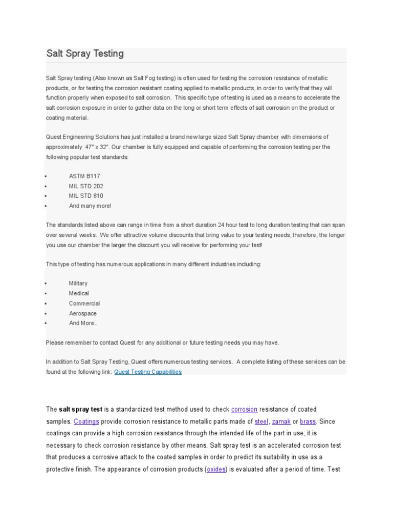 Salt Spray Test | PDF | Chemistry | Applied And Interdisciplinary Physics