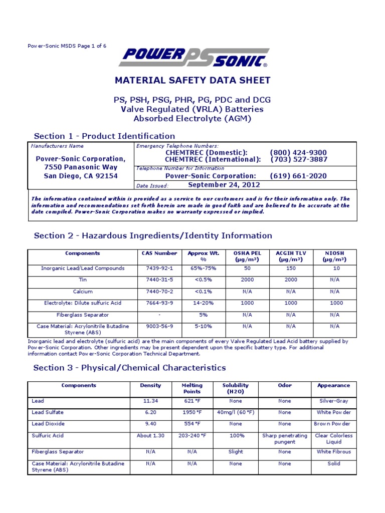 SeaBattery - Safety Data Sheet - 2012 | PDF | Sulfuric Acid | Sulfur