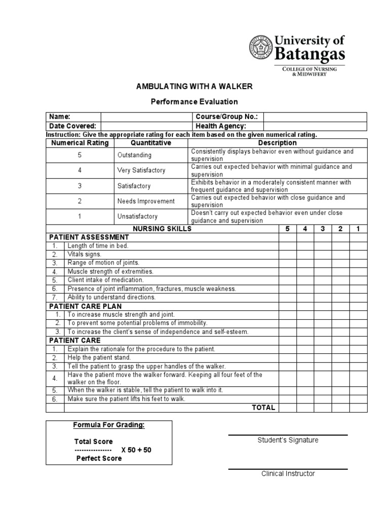 Walker Ambulation Performance Evaluation | PDF | Patient | Clinical ...