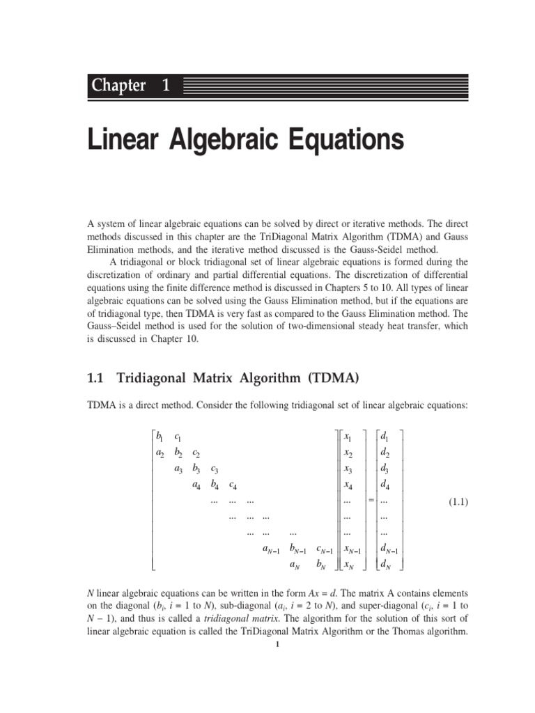 Linear Algebraic Equations 11 Tridiagonal Matrix Algorithm Tdma Pdf Equations Matrix