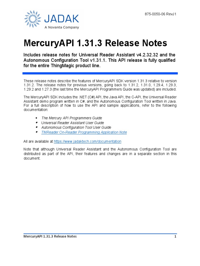 MercuryAPI v1.31.3 Release Notes - v1c | PDF | Computing | Software ...