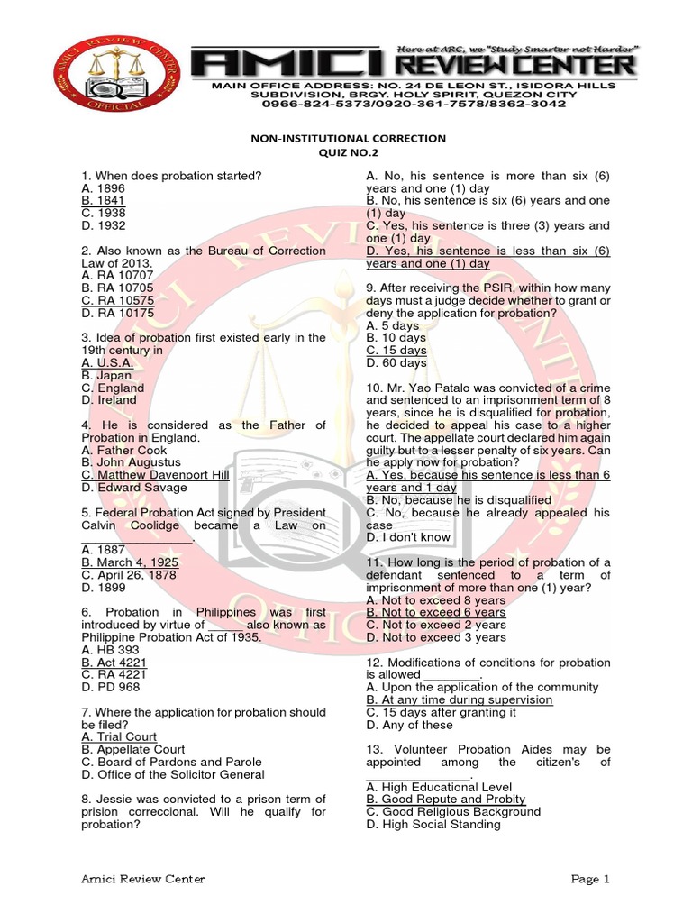 Non-Institutional Correction Quiz Guide | PDF | Pardon | Parole