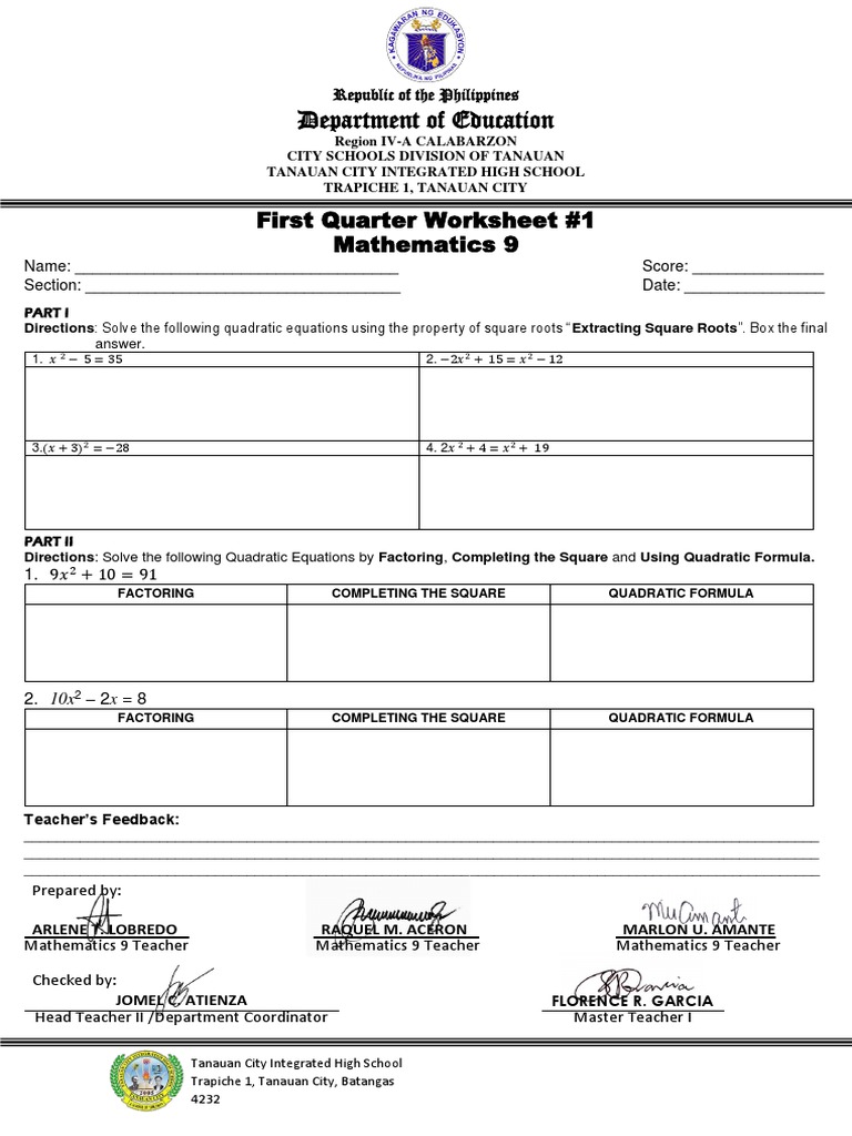 G9 - First Quarter - Worksheet and Performance Task | PDF | Quadratic ...