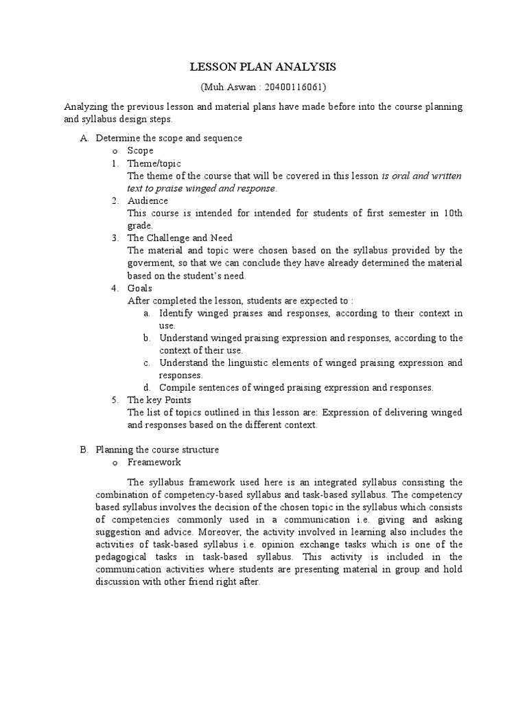 Lesson Plan Analysis Muh Aswan | PDF