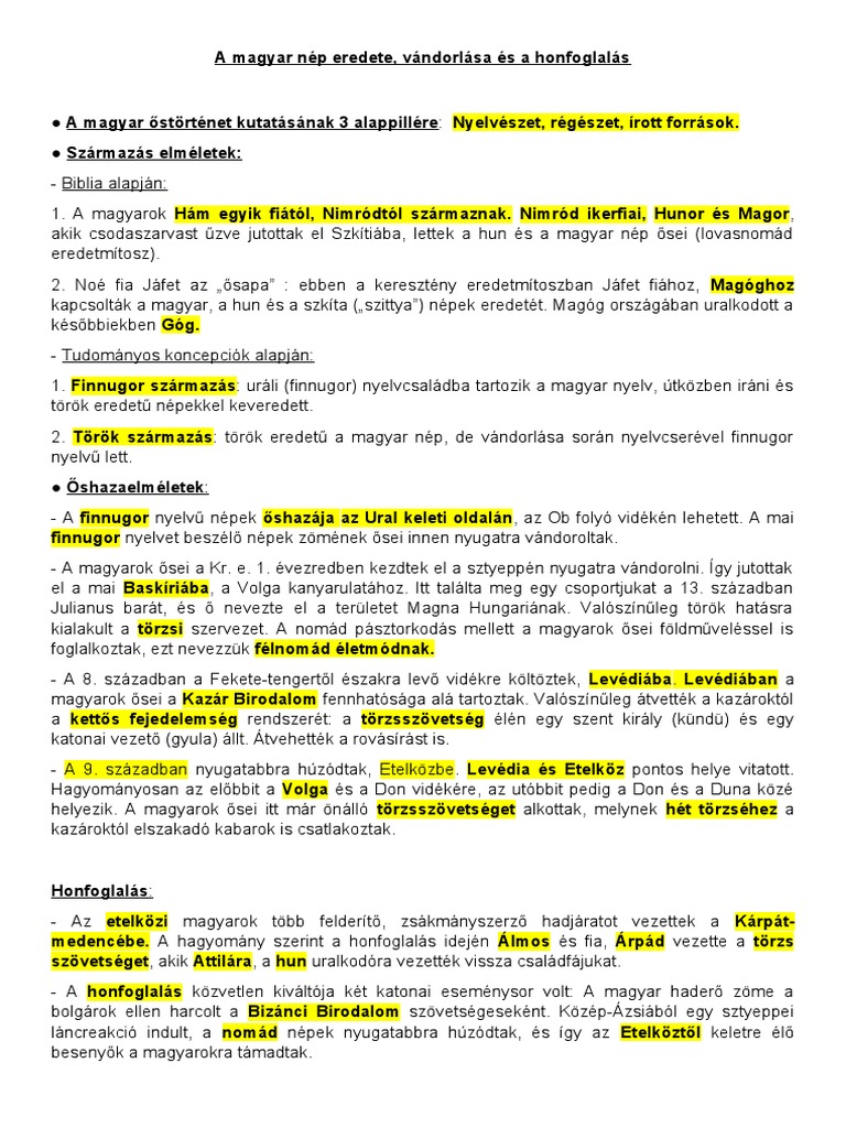 A Magyar Nép Eredete Vándorlása És A Honfoglalás | PDF