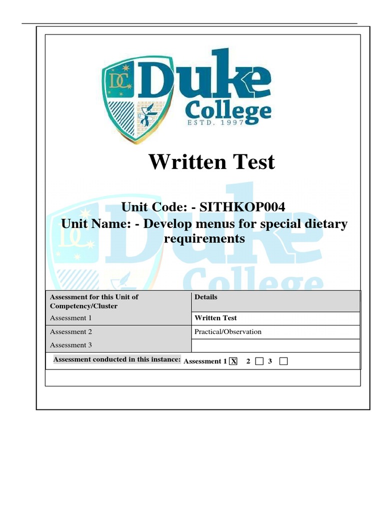 Written Test for SITHKOP004 Develop menus for special dietary ...