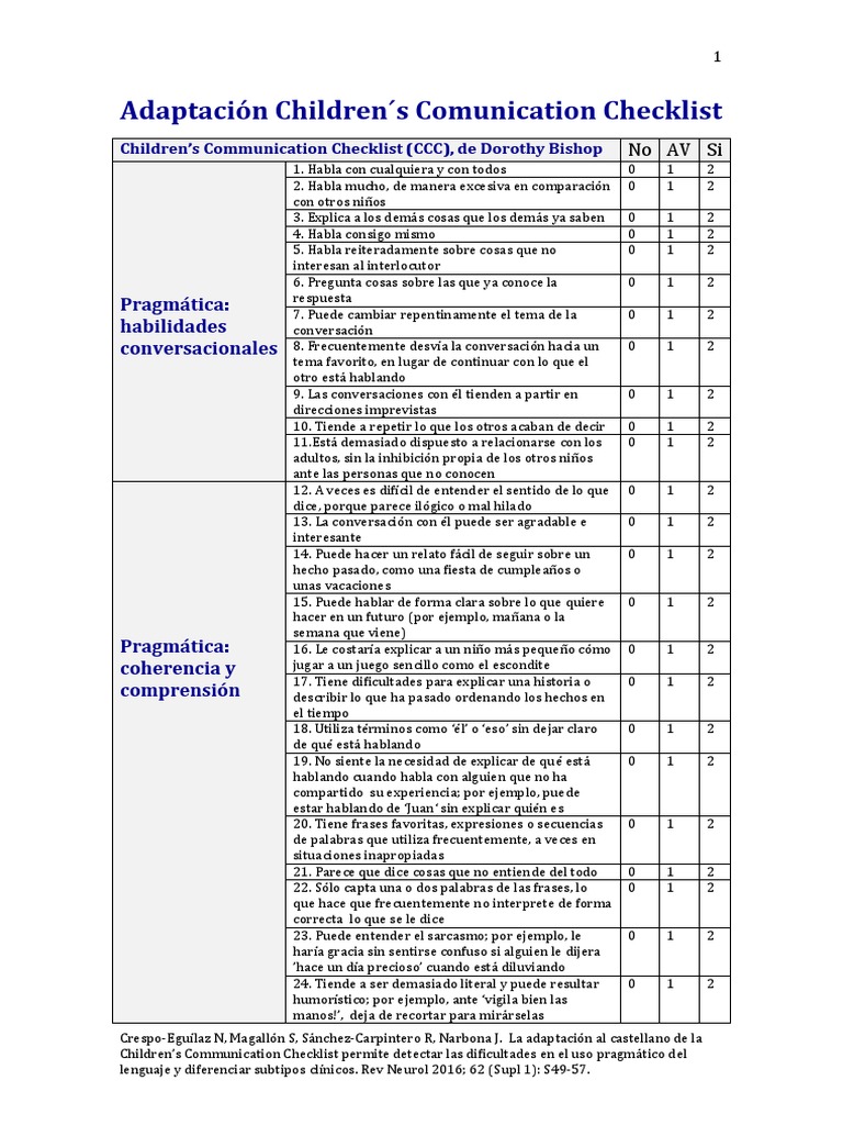 Adaptación Children S Comunication Checklist: Pragmática: Habilidades ...