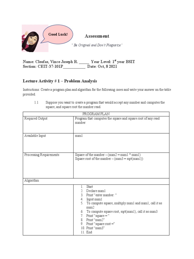 Assessment: Lecture Activity # 1 - Problem Analysis | PDF | Algorithms ...