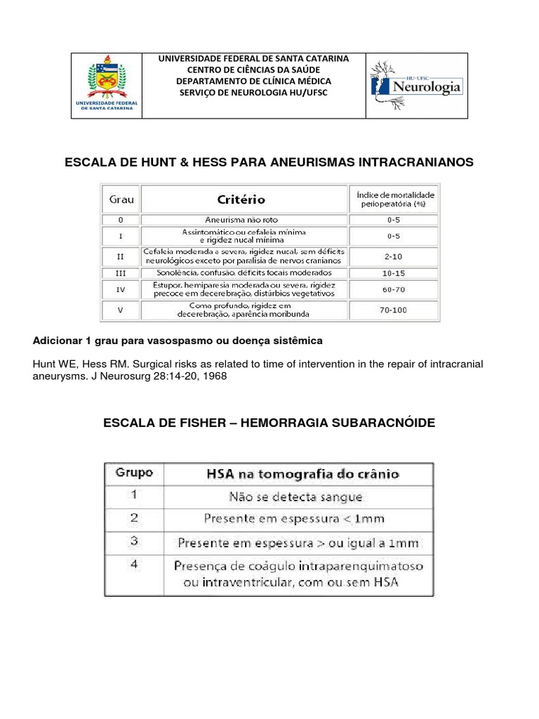 Escalas Hunt Hess e Fisher para HSA1 | PDF