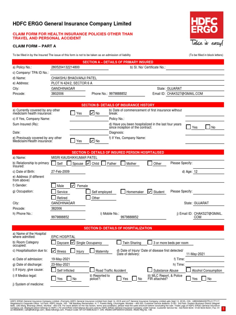 HDFC ERGO General Insurance Company Limited: Claim Form - Part A | PDF ...