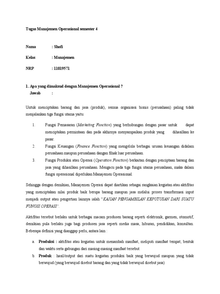 Tugas Manajemen Operasional Semester 4 | PDF | Bisnis