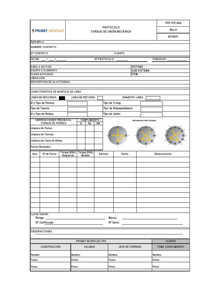PRT-PIP-004 - Protocolo de Torque de Unión Mecánica Rev 0 | PDF ...