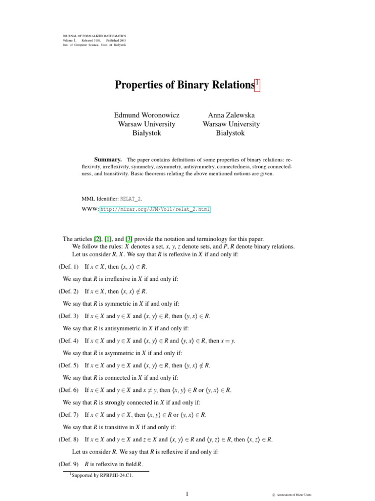 Properties of Binary Relations: Summary | PDF | Logic | Mathematical Logic