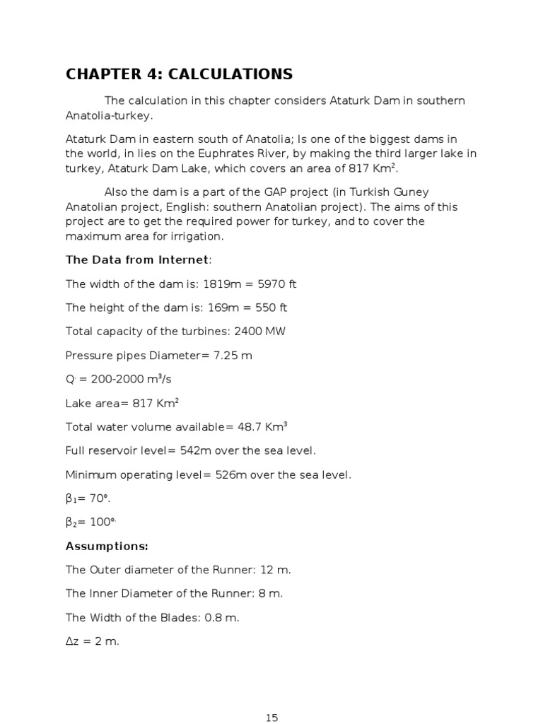 Hydraulic Calculation For A Dam and Its Power | PDF | Turbine | Speed