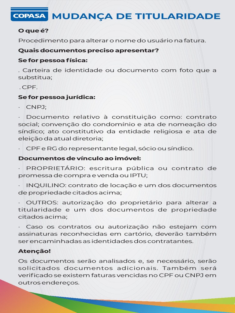 Copasa Mudança De Titularidade Pdf