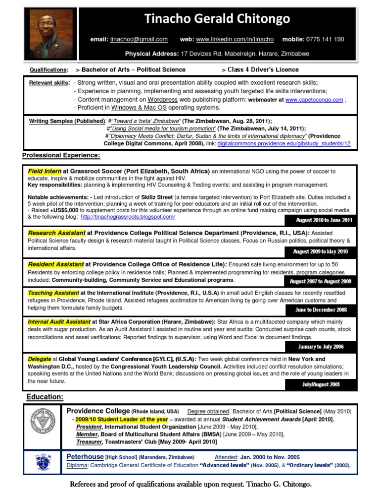 Zimbabwean CV of Tinacho Chitongo | PDF | Zimbabwe | College