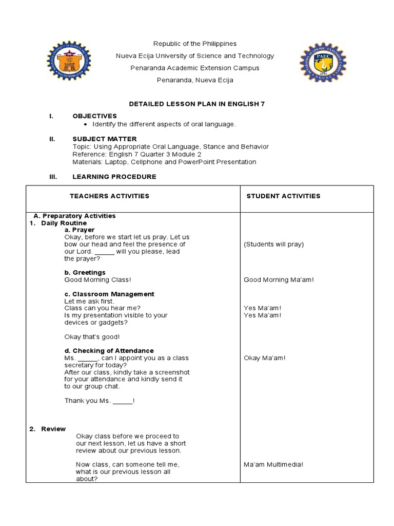 Detailed Lesson Plan in English 7 I. Objectives | PDF | Stress ...