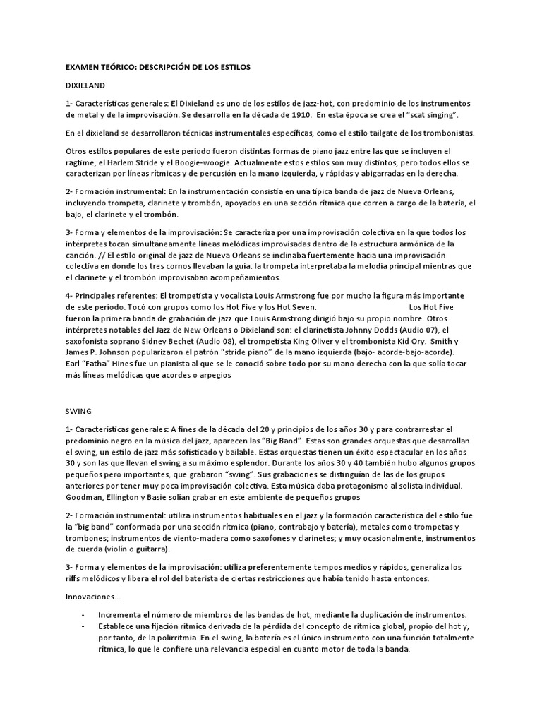 Resumen Dixieland, Swing, Bebop | Descargar gratis PDF | Jazz | Musica ...