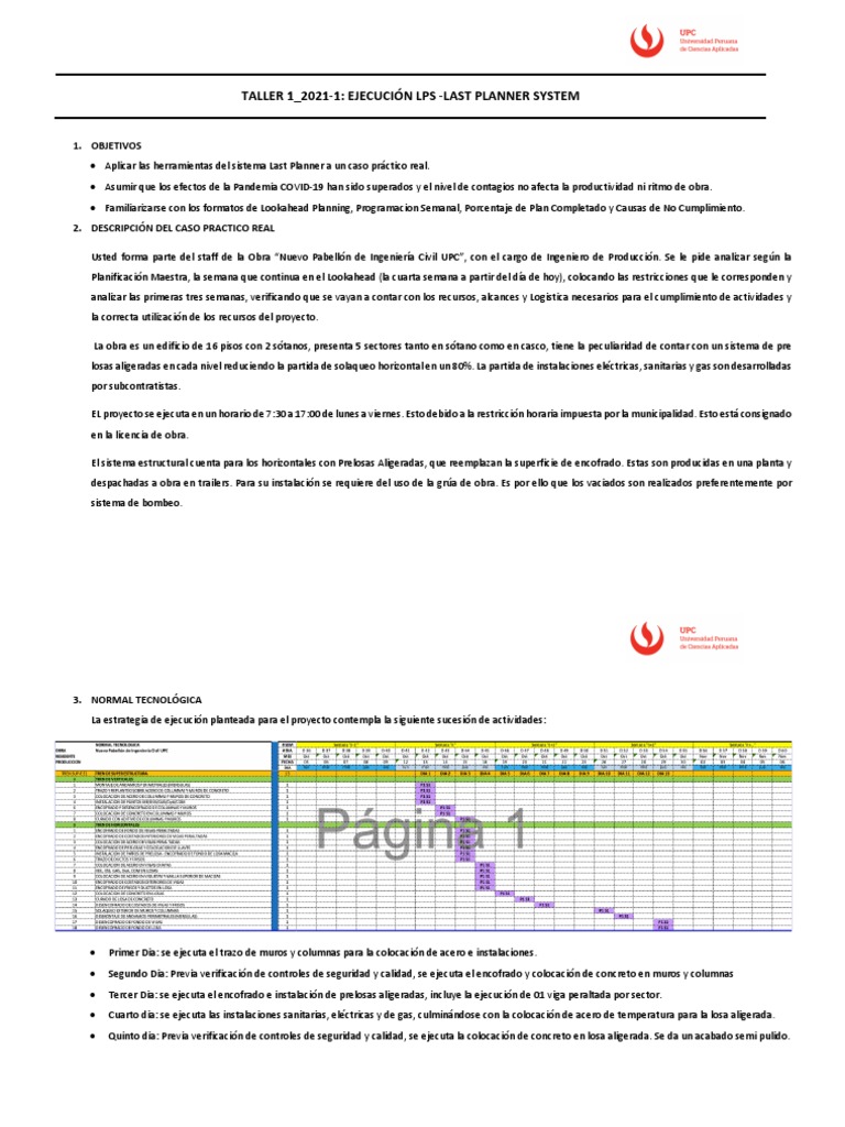 Taller 1 - 2021-2 Ejecución LPS - Last Planner System | PDF | Hormigón ...