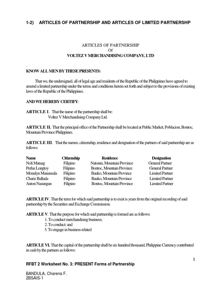 RFBT 2 Worksheet No. 3: PRESENT Forms of Partnership | Download Free ...