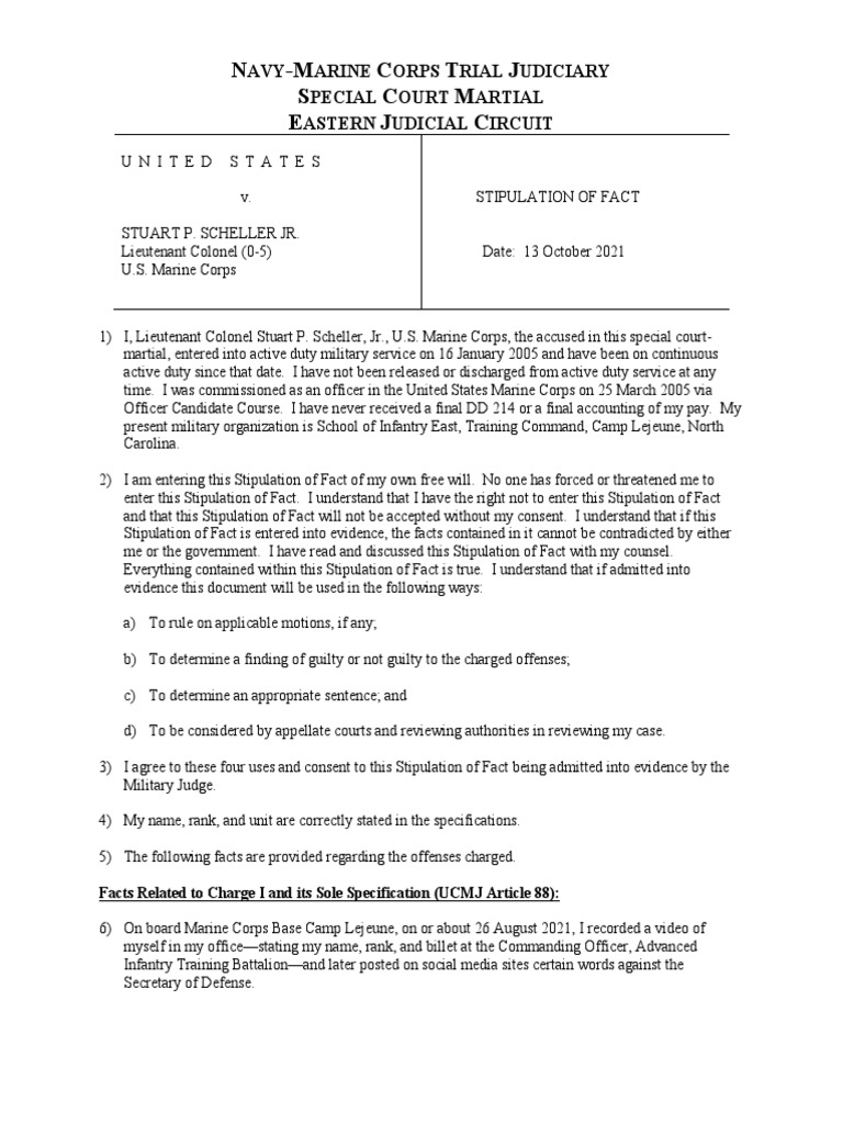 LtCol Scheller - Stip of Fact | PDF | United States Marine Corps ...