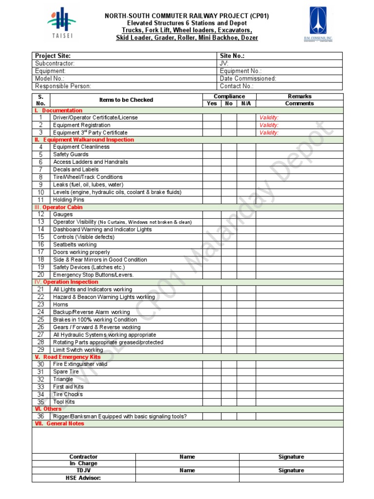 Equipment Commissioning Safety Checklist | PDF | Loader (Equipment) | Truck