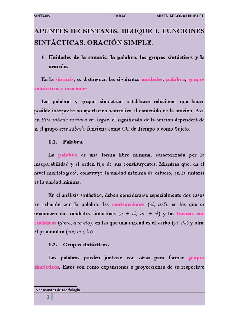 Apuntes de SINTAXIS 1.º Bachillerato - Bloque I - Funciones Sintácticas ...