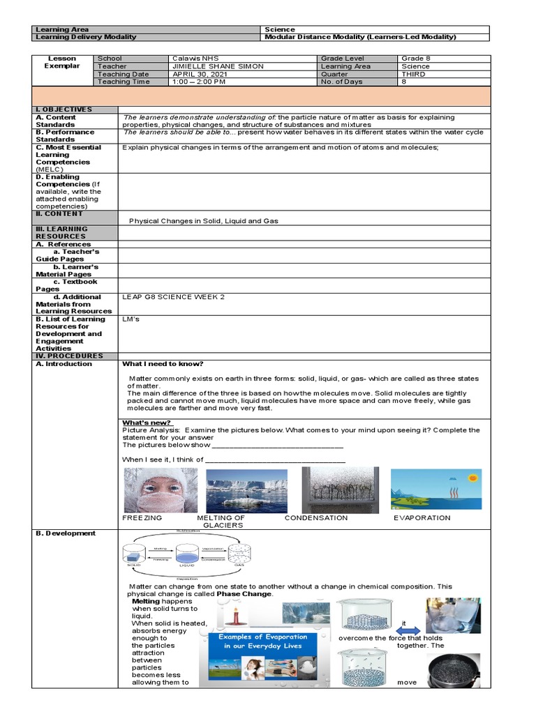 Lesson Exemplar On Physical Changes of Solid, Liquid and Gas | PDF ...
