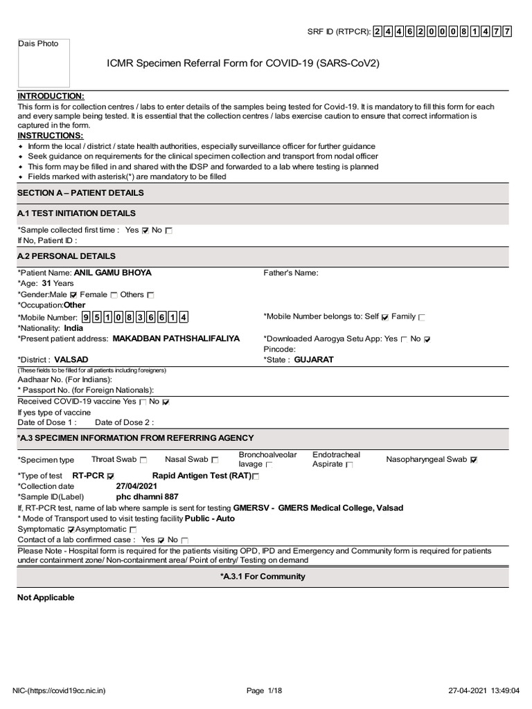 Icmr Specimen Referral Form For Covid-19 (Sars-Cov2) : Nic - (Https ...