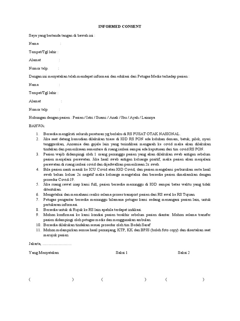 INFORMED CONSENT ACC RUJUK KE RS PON PASIEN NON ISOLASI Bedah | PDF