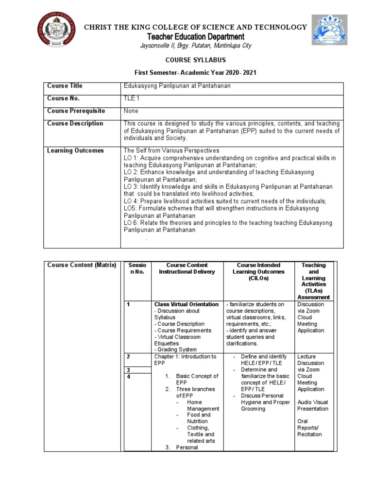 EPP Course Syllabus for TLE 1 | PDF | Test (Assessment) | Distance ...