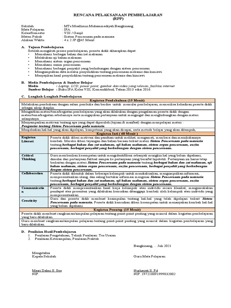 RPP Sistem Pencernaan Kelas 8 | PDF