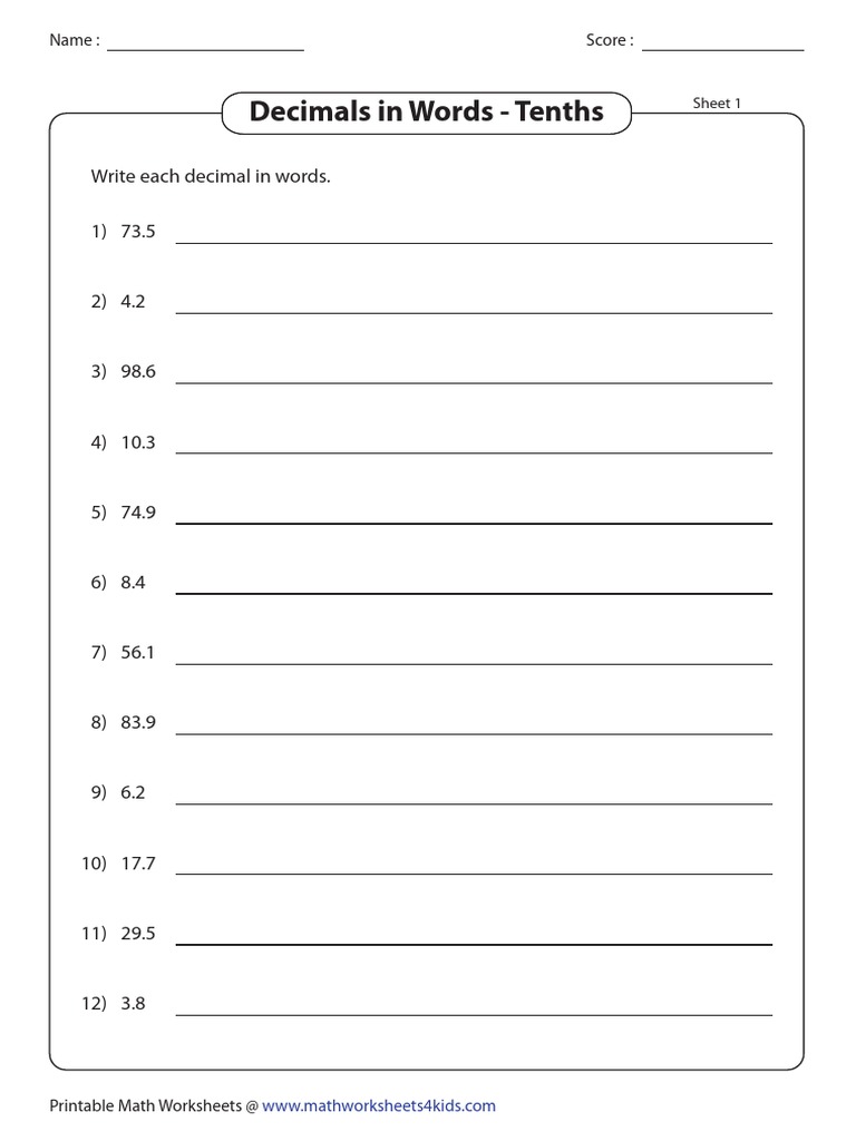 Decimals in Words - Tenths | PDF