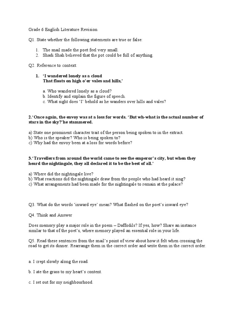 Grade 6 English Literature Revision | PDF