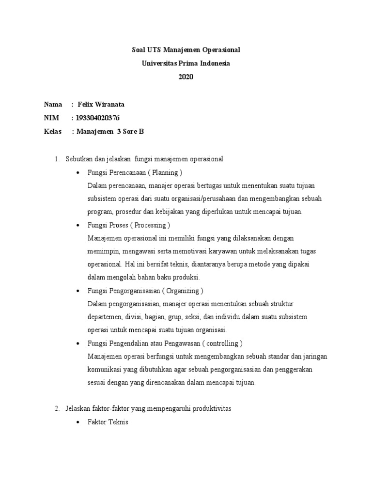 Soal UTS Manajemen Operasional Universitas Prima Indonesia 2020 | PDF