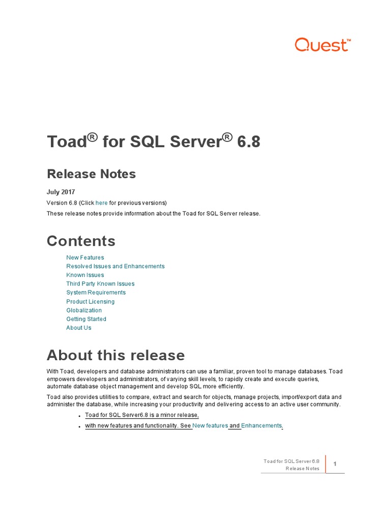 Toad For SQL Server 6.8: Release Notes | PDF | Microsoft Sql Server ...