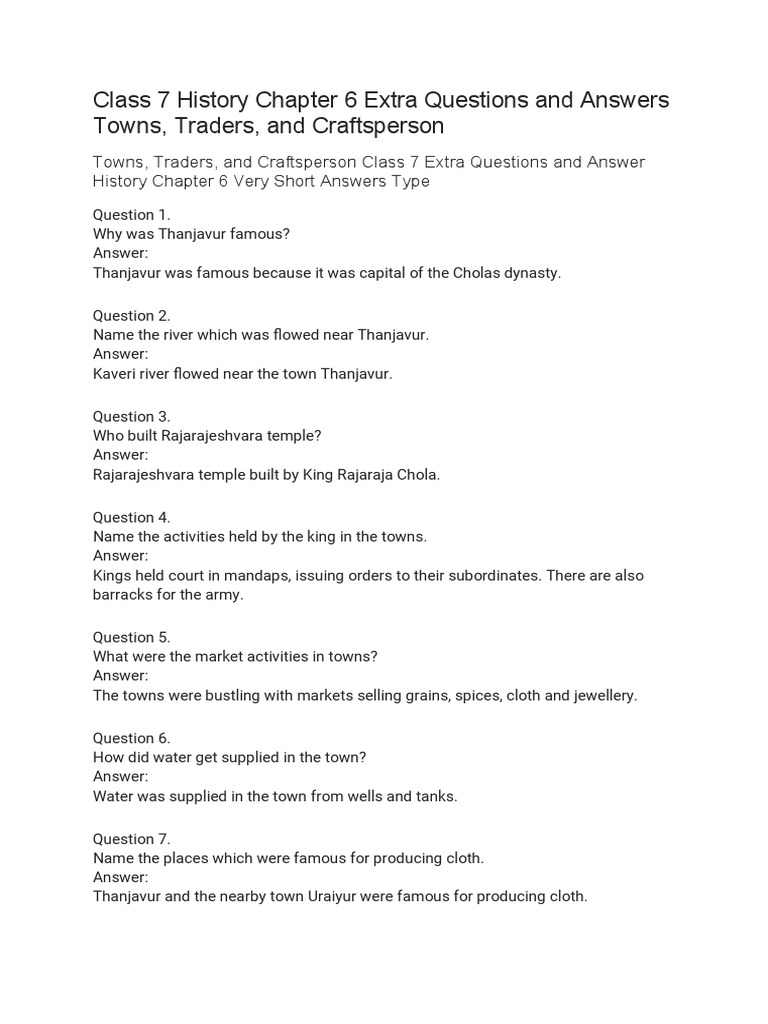 Class 7 History Chapter 6 Extra Questions and Answers Towns, Traders ...