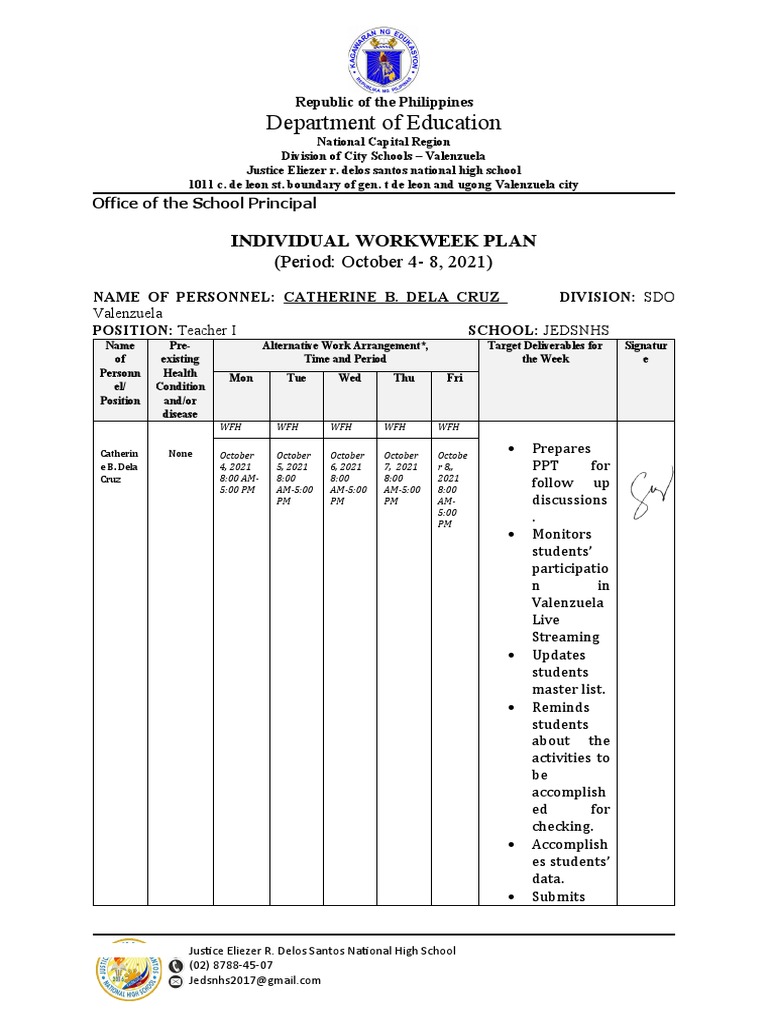 Department of Education: Individual Workweek Plan | PDF